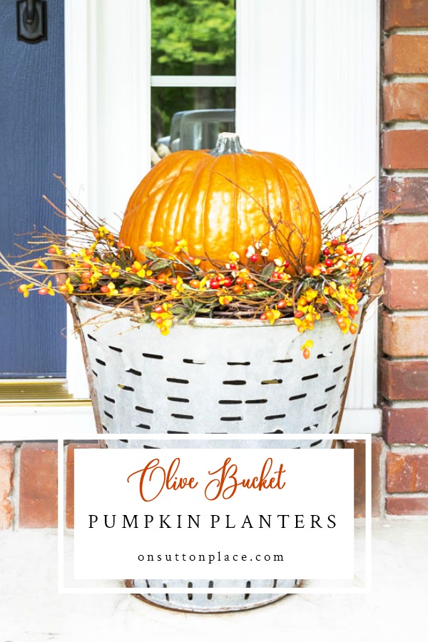 DIY Fall Olive Bucket Pumpkin Planters - On Sutton Place